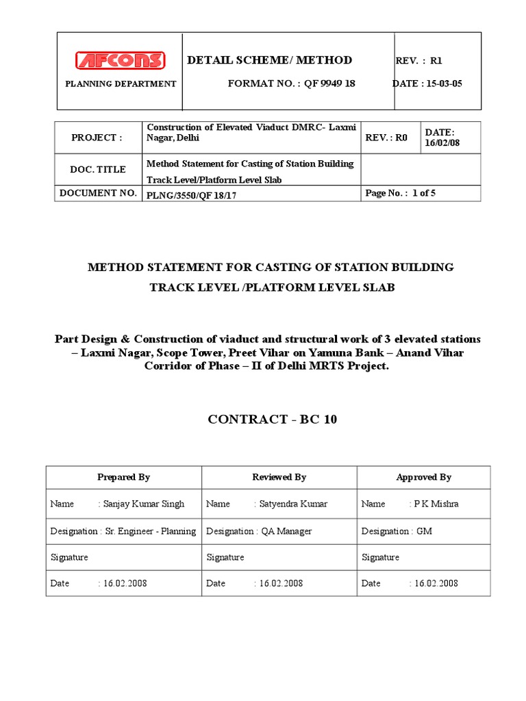 Detailed Method Statement for Concreting Track Level Slab-R0 | Concrete ...