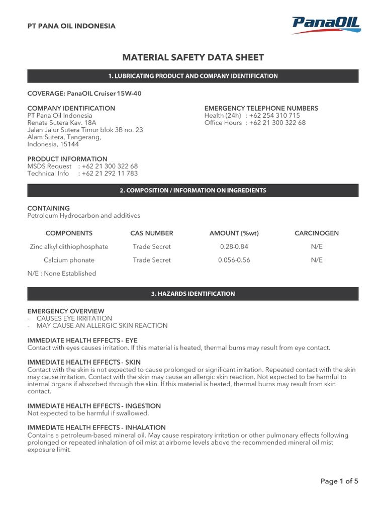 Msds Panaoil Cruiser 15w-40 | PDF