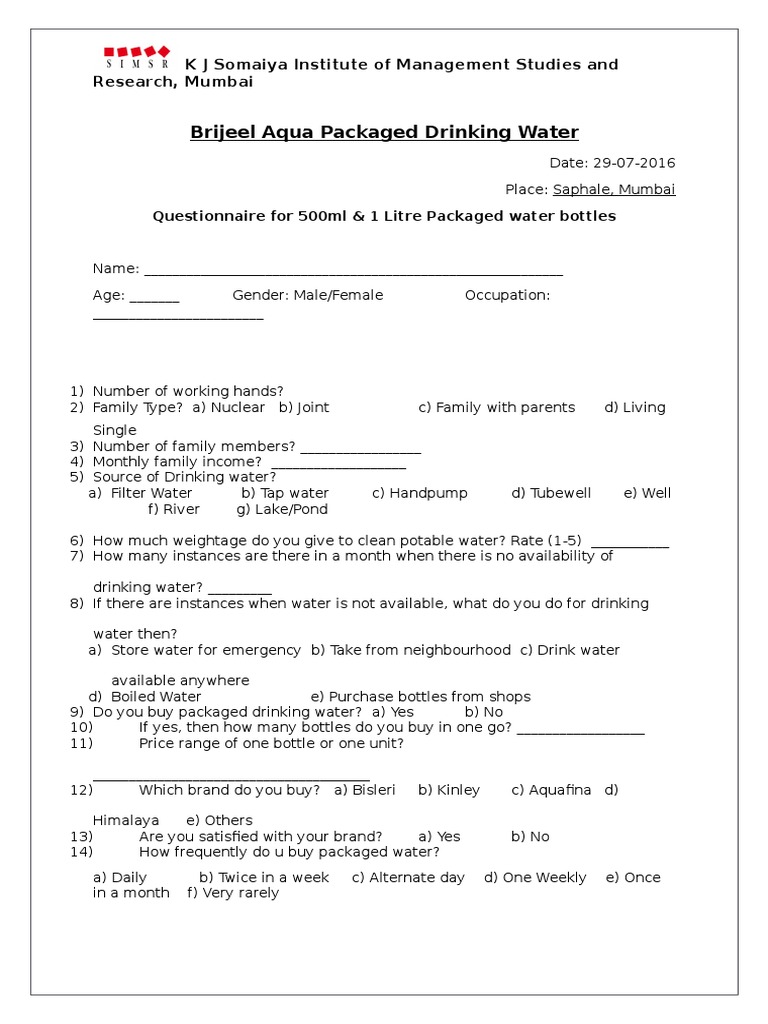 Brijeel Aqua Packaged Drinking Water Questionnaire | PDF