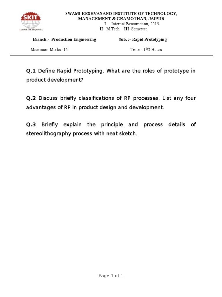 Q.1 Define Rapid Prototyping. What Are The Roles of Prototype in | PDF