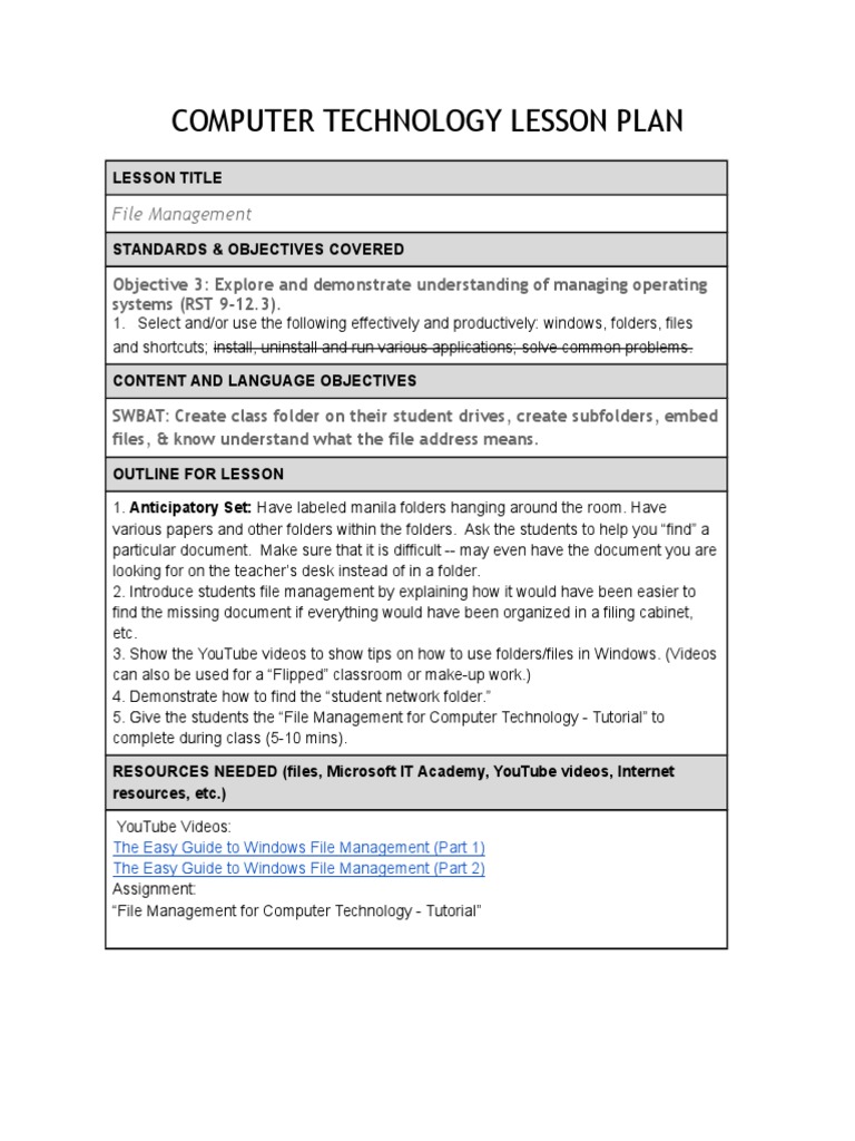 Computer Technology Lesson Plan: File Management | PDF