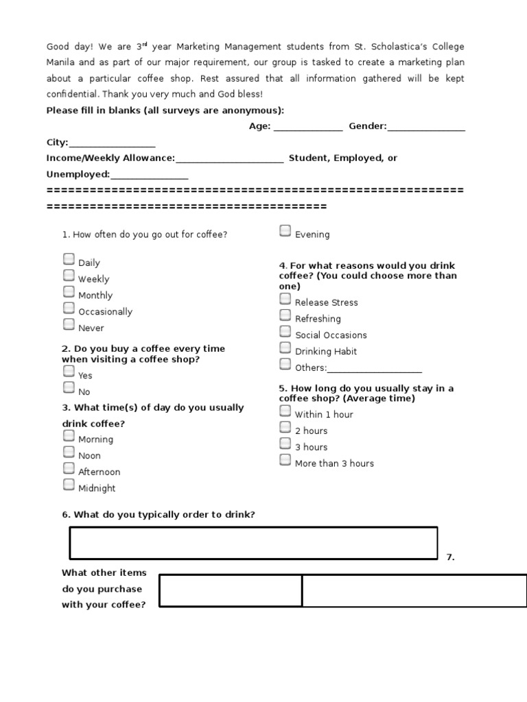 Bo's Coffee Shop Survey Questionnaire | PDF | Coffee | Coffeehouse