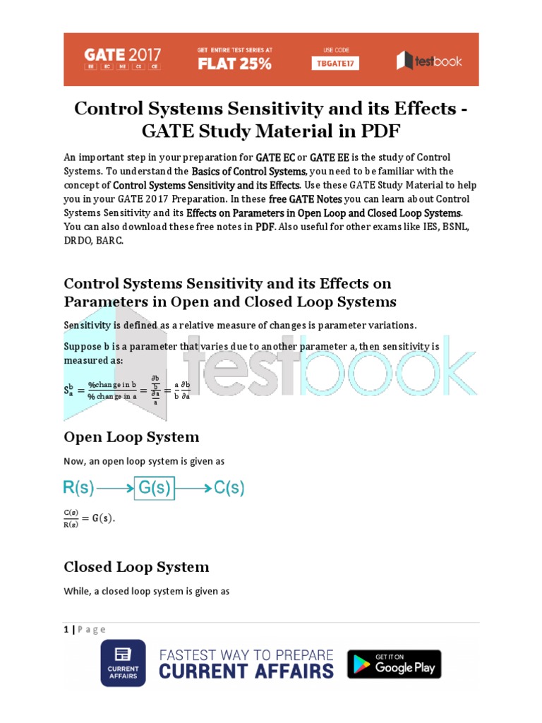 Control Systems Sensitivity and Its Effects - GATE Study Material in ...