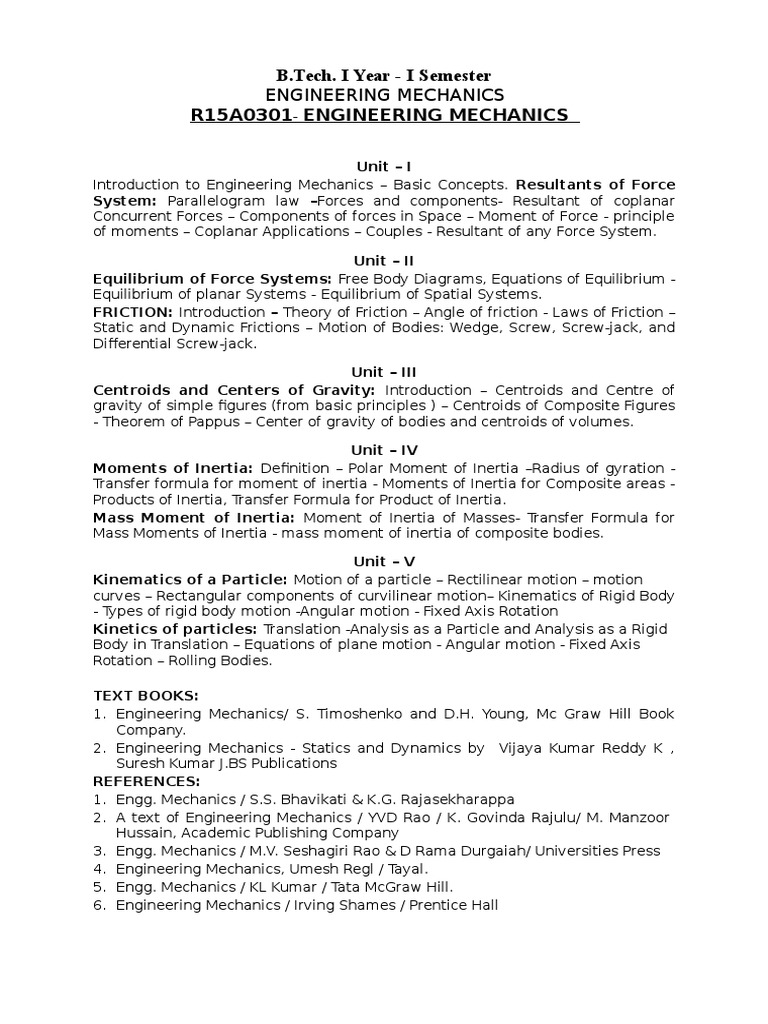 Engineering Mechanics Syllabus | PDF