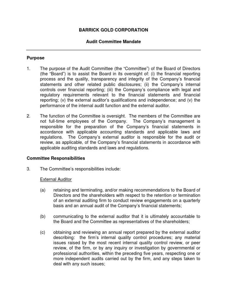 Audit Committee Mandate | PDF | Internal Audit | Audit Committee