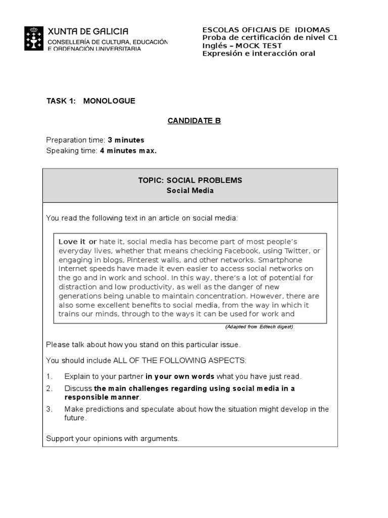 1e. C1 Mock Speaking Exam Monologue Social Media | PDF