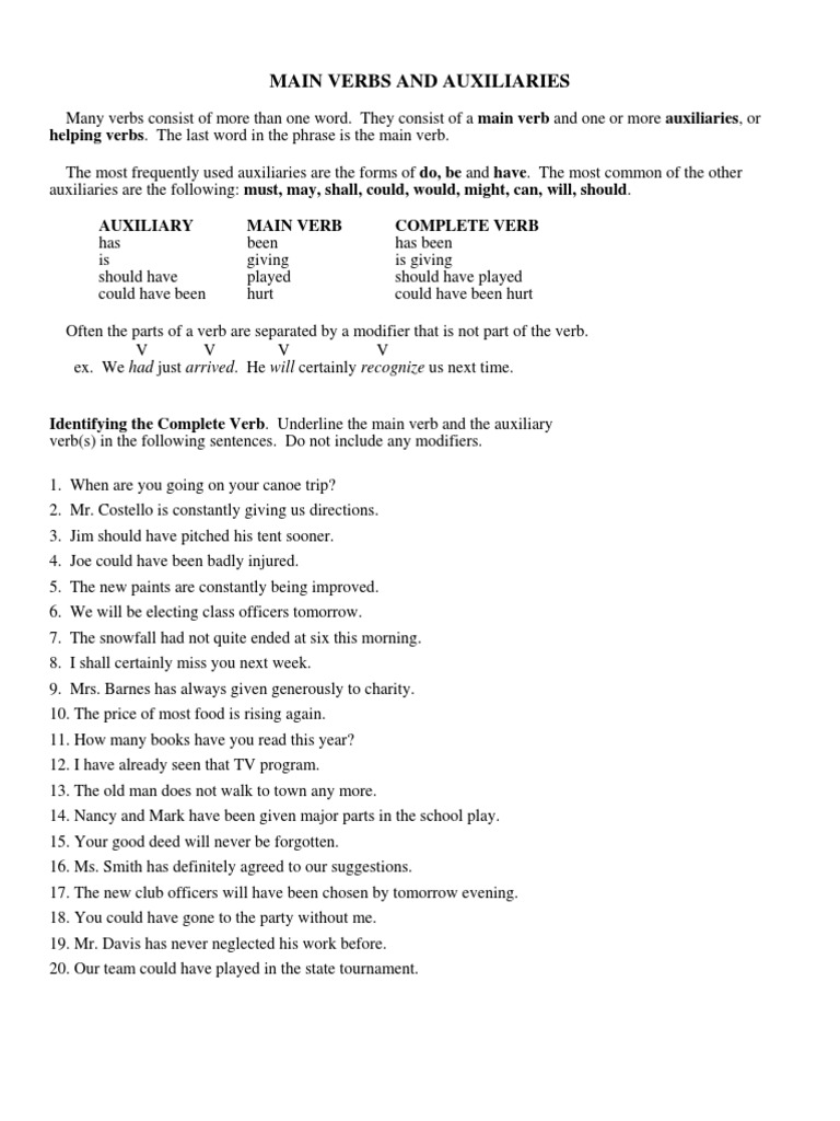 Main and Auxiliary Verbs Worksheet | PDF | Verb | Morphology