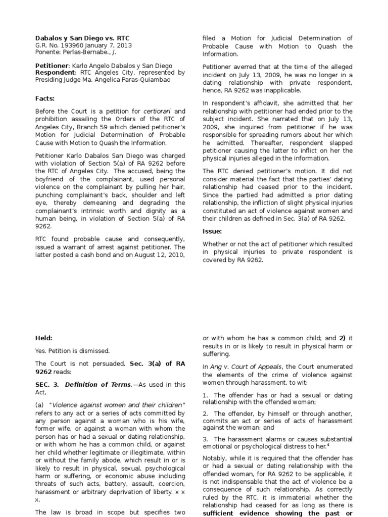 Dabalos vs. RTC: RA 9262 Case Summary | PDF | Harassment | Crime & Violence
