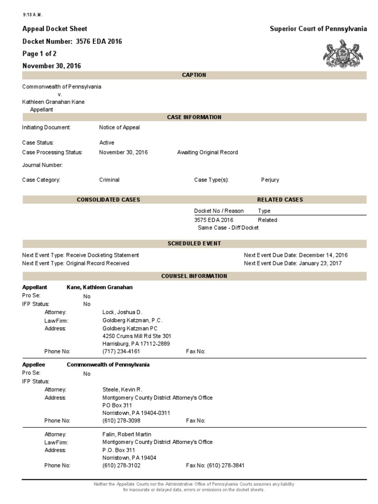Docket Number 3576 EDA 2016 KATHLEEN KANE Superior Court Appeal ...