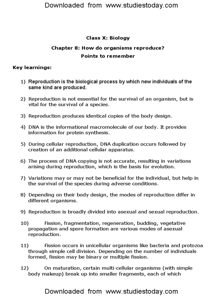 CBSE Class 10 Biology How Do Organisms Reproduce Notes | PDF | Sexual ...