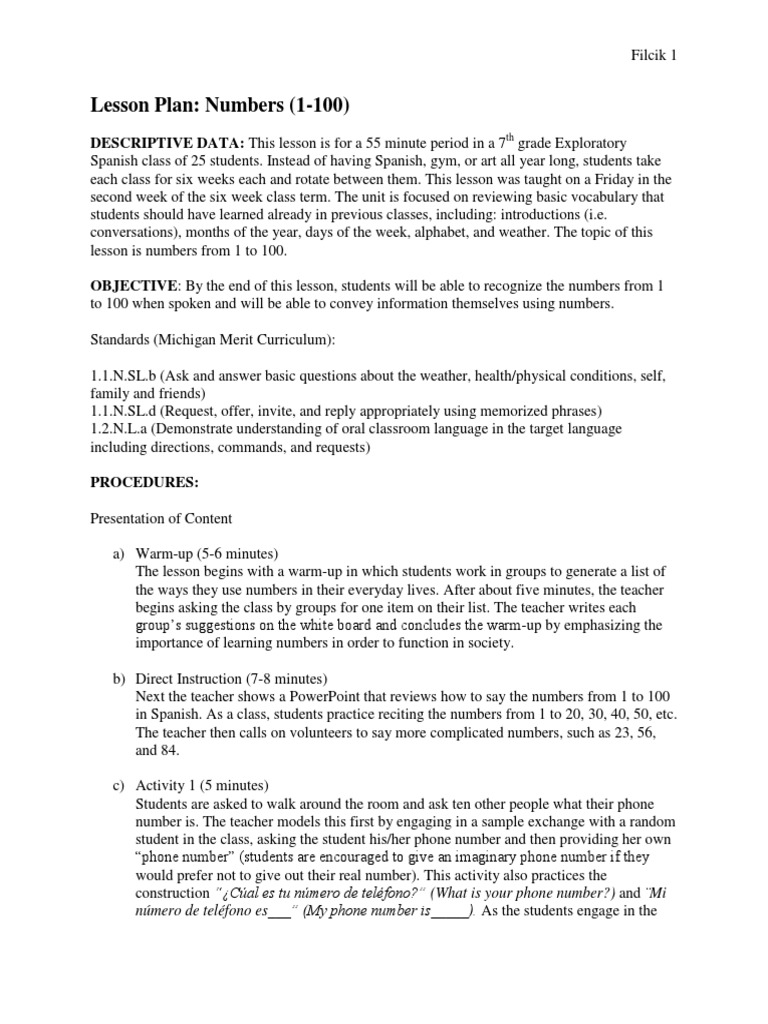Numbers Lesson Plan | PDF | Educational Assessment | Lesson Plan