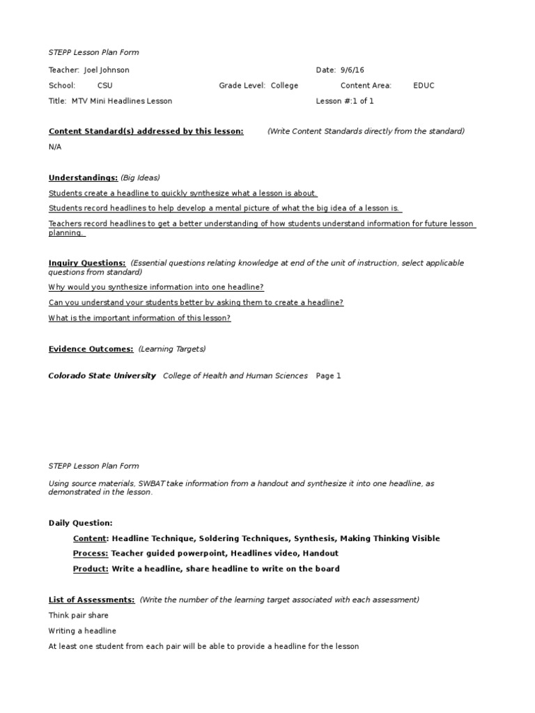 STEPP Lesson Plan Form: Content Standard(s) Addressed by This Lesson ...