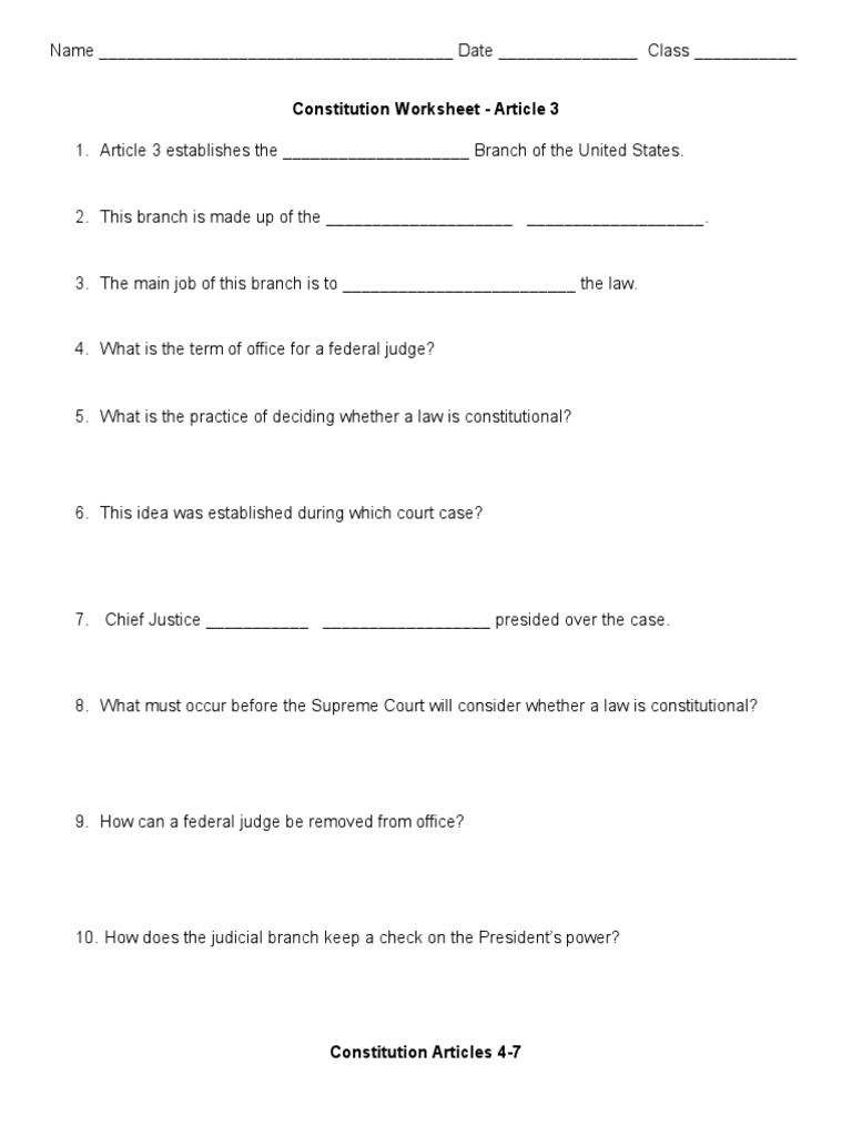 Constitution Worksheet - Article 3 | PDF
