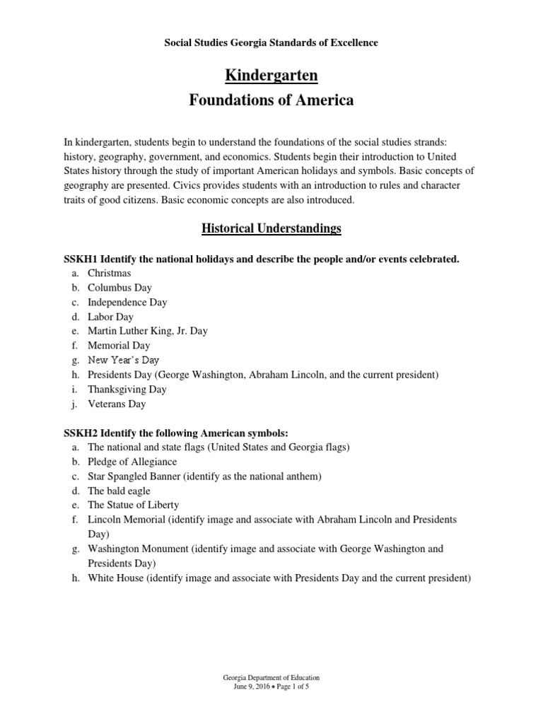Georgia Kindergarten Social Studies Standards | PDF | Map | Chart