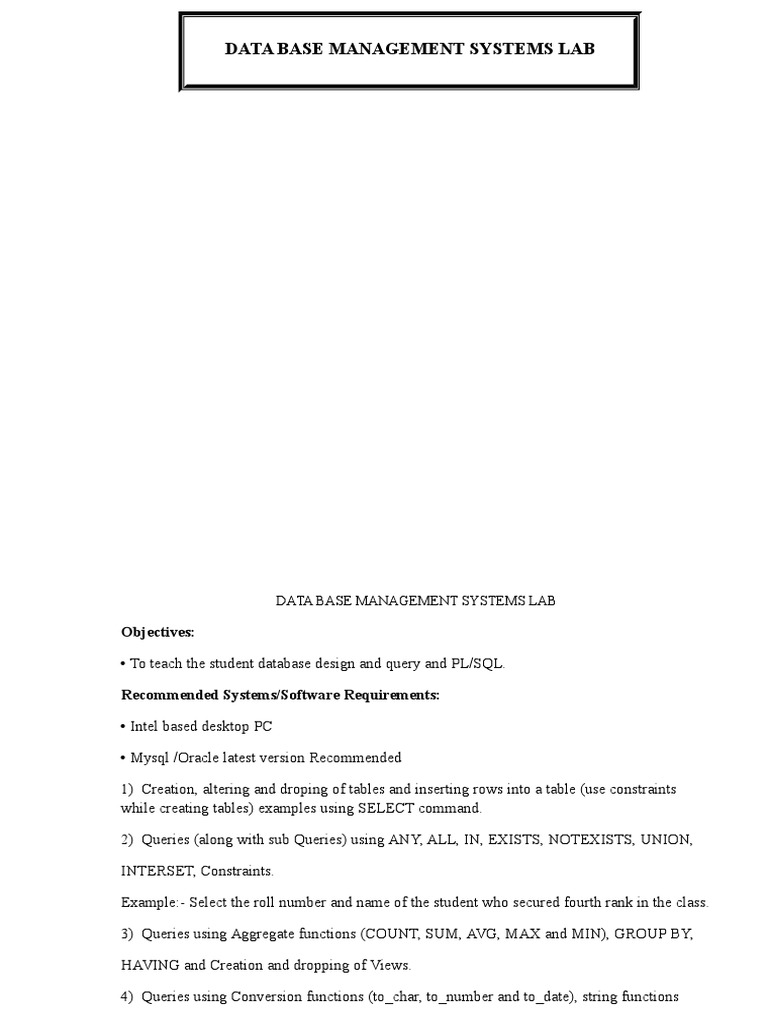 II Cse Dbms Lab Manual | PDF | Pl/Sql | Sql