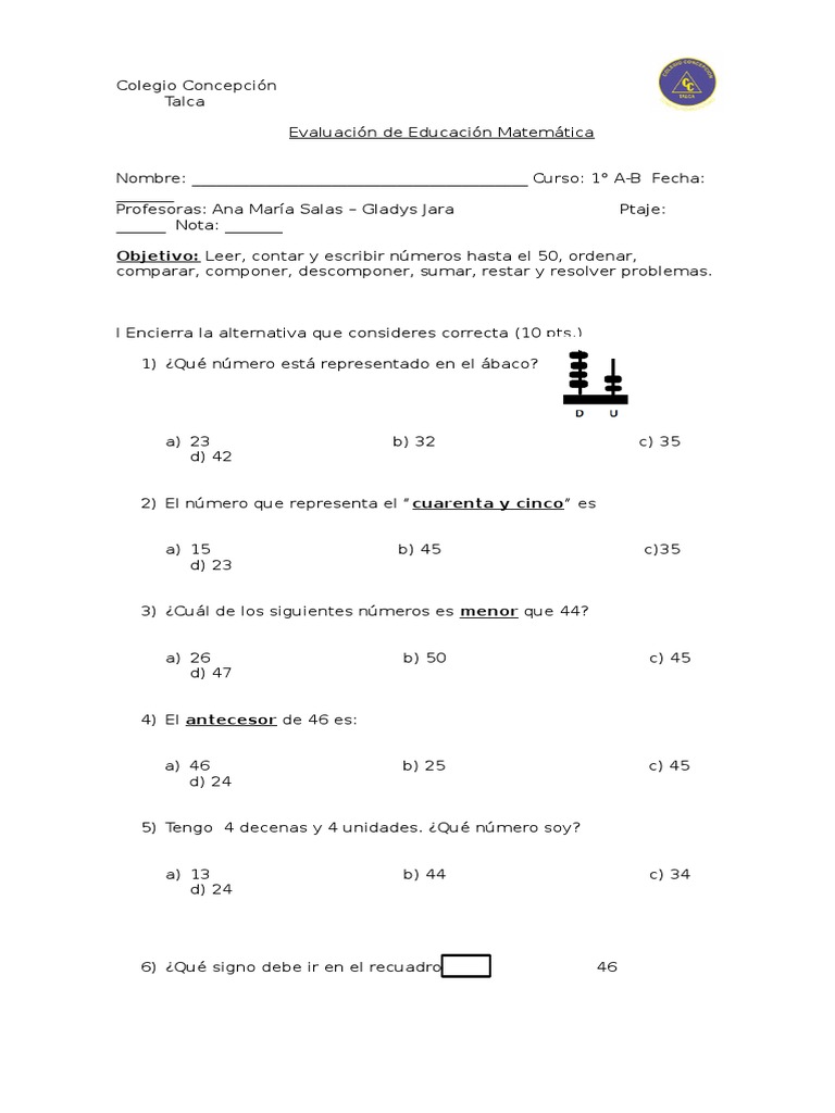 Prueba de Matematica 50 | PDF