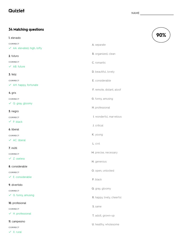 Spanish Vocabulary Quiz Answers | PDF