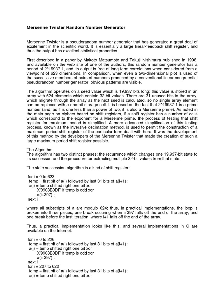 Mersenne Twister Random Number Generator | PDF