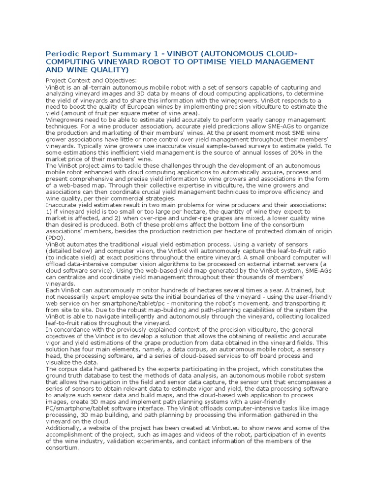 Periodic Report Summary 1 - VINBOT (AUTONOMOUS CLOUD-Computing Vineyard ...