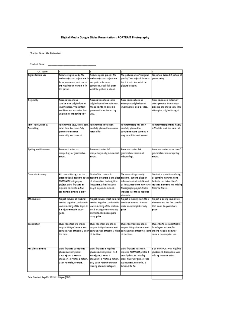 Portrait Project Rubric | PDF | Camera | Photograph