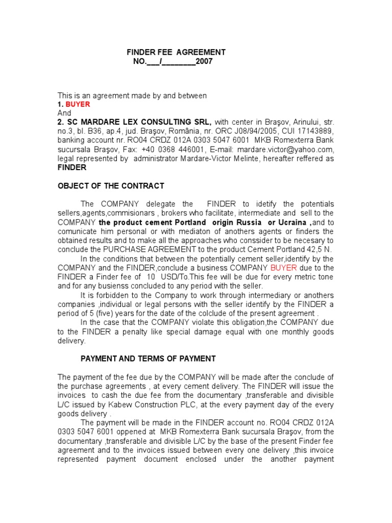 Finder Fee Agreement NO. - / - 2007: Buyer | PDF | Payments | Business Law