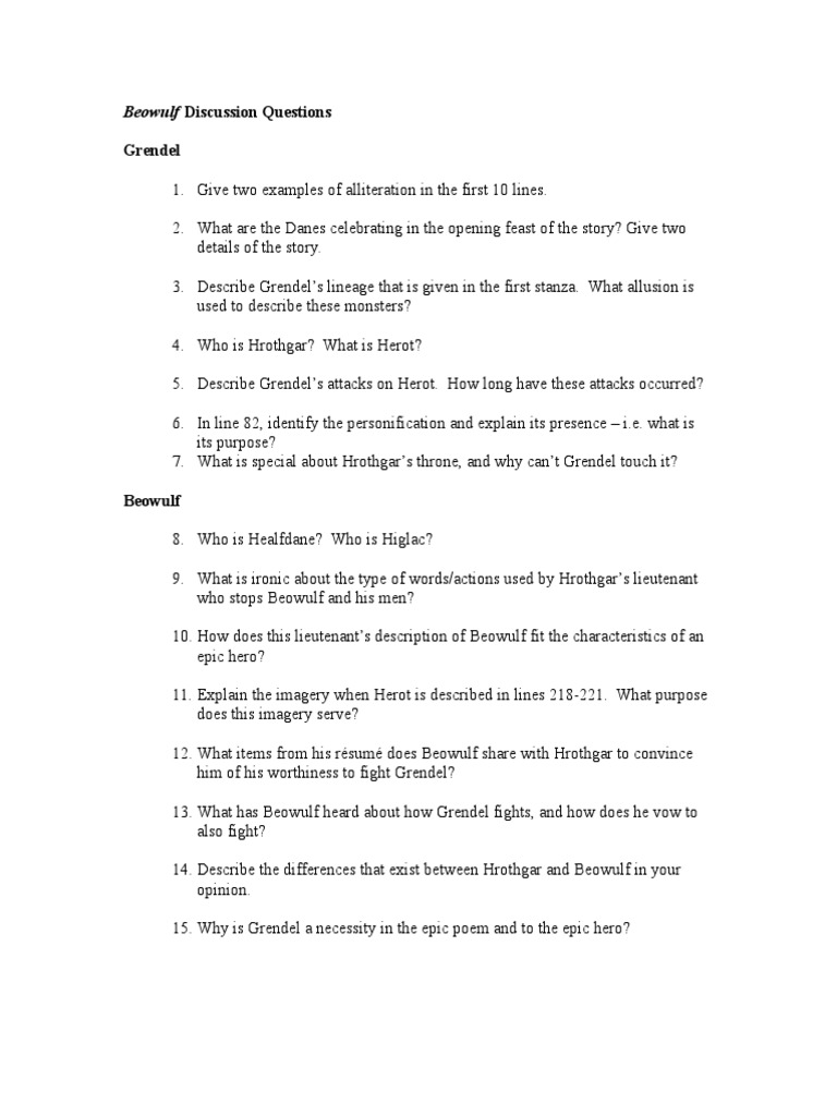 Beowulf Discussion Questions | PDF | Beowulf | English Heroic Legends