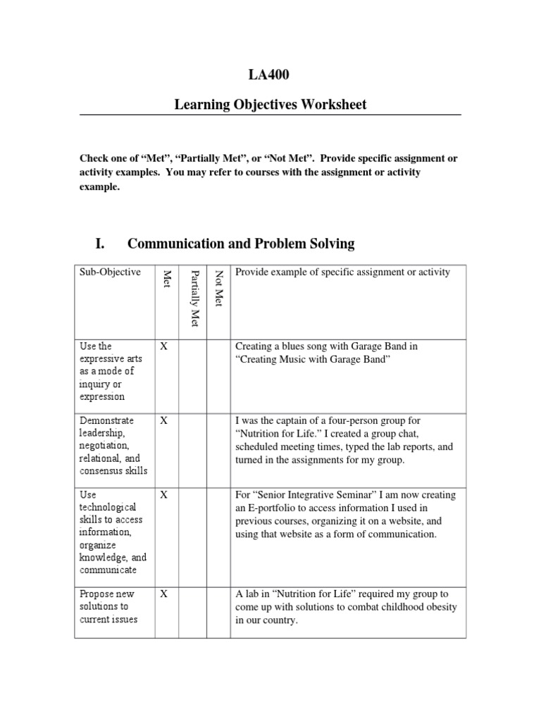 learning objectives worksheet | Intersectionality | Gender