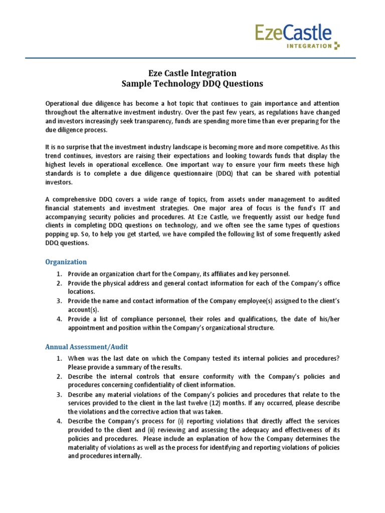 Eze Castle Tech DDQ Sample Questions | PDF | Disaster Recovery | Access ...
