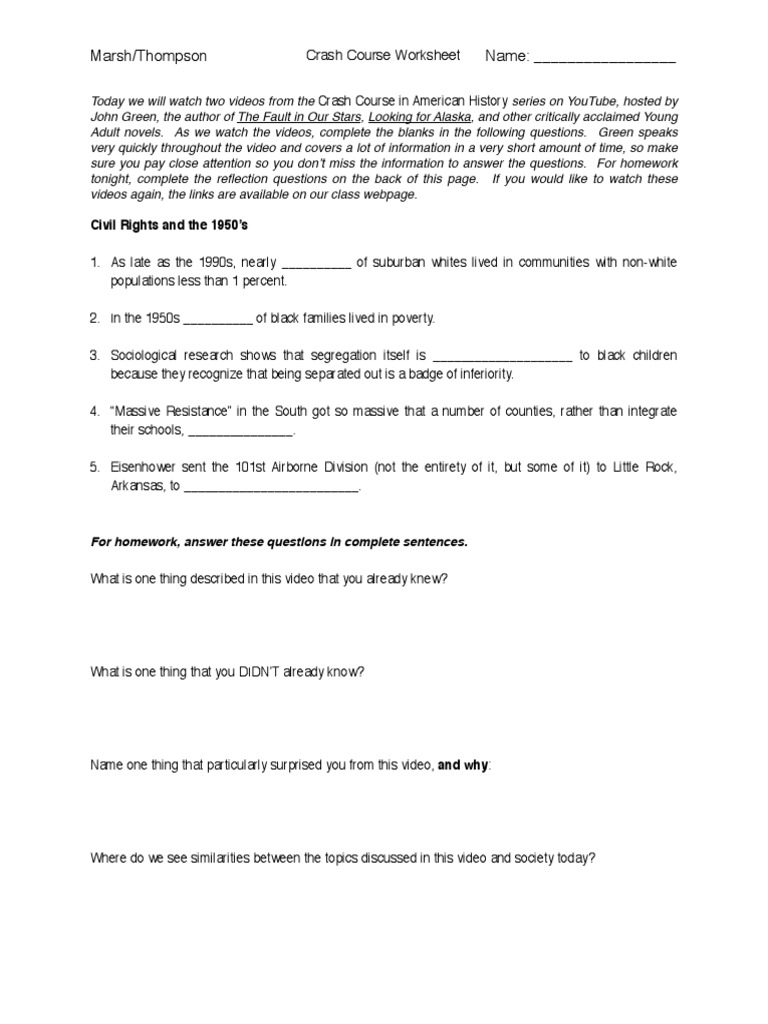 Crash Course Worksheet PDF | PDF | African American Civil Rights ...