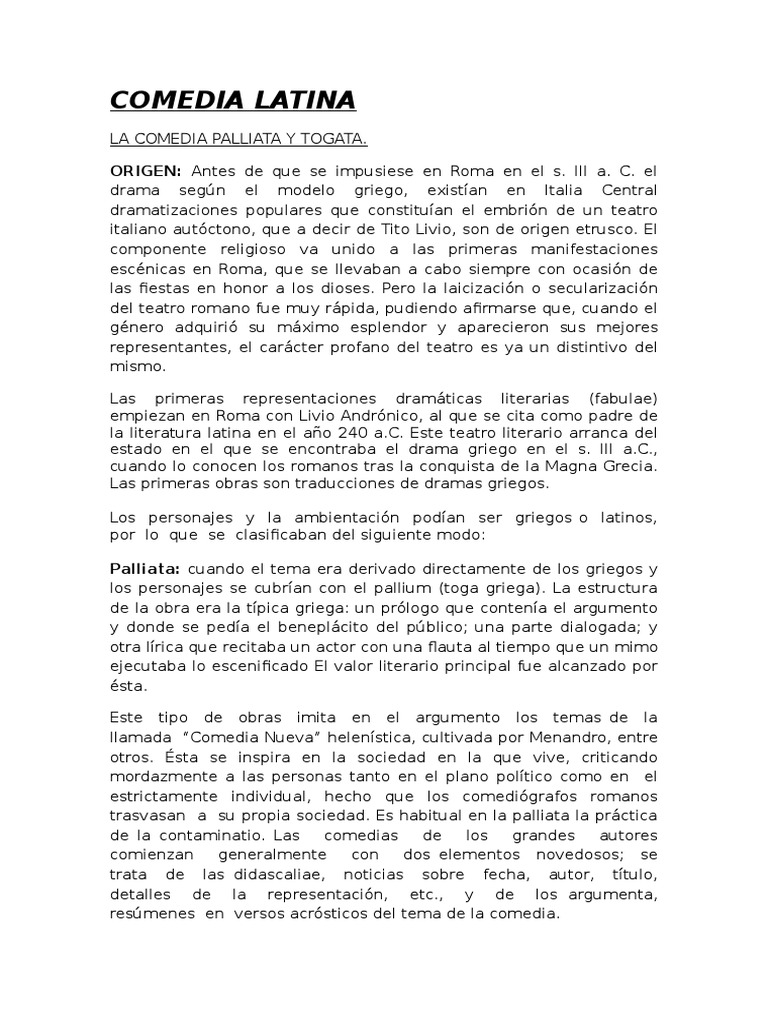 Generalidades de La Comedia Latina. Plauto | PDF | Comedia | Teatro