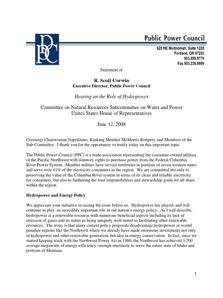 Public Power Council Testimony To US House of Representatives ...