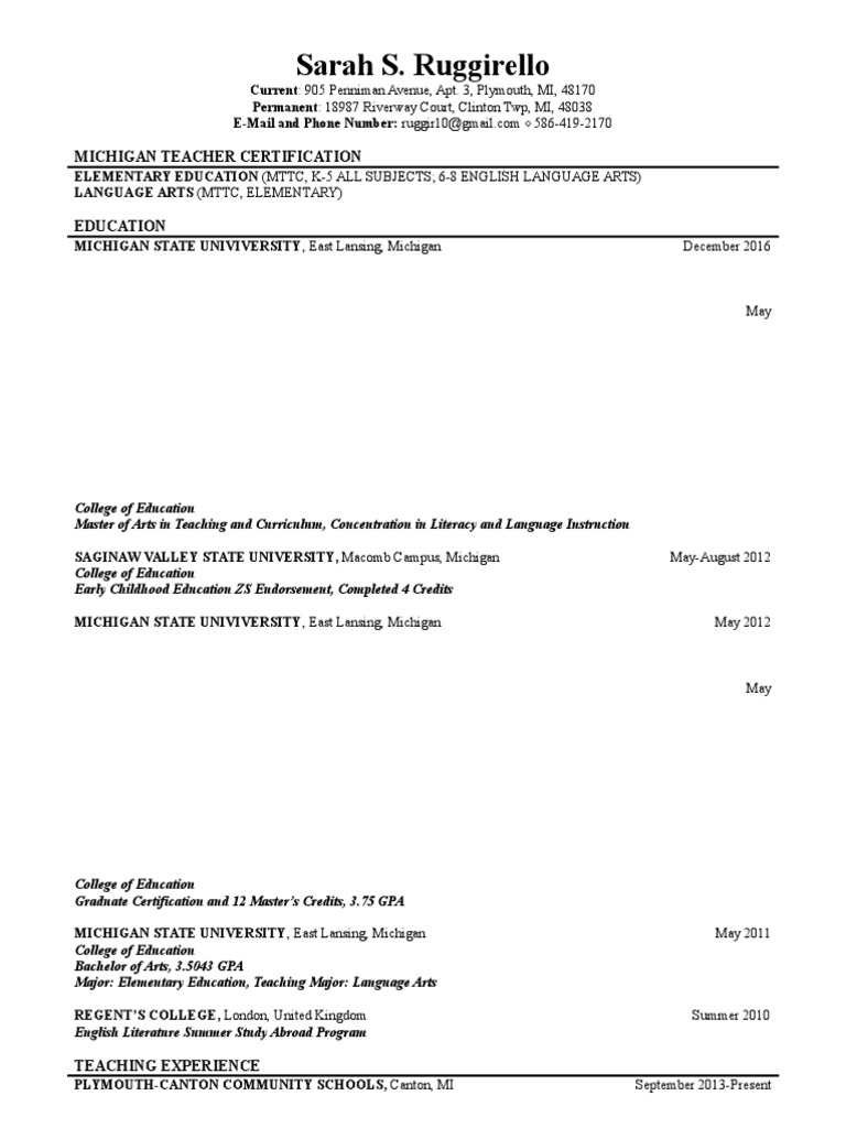 Sarah Ruggirello Resume 2016 | PDF | Teachers | Curriculum