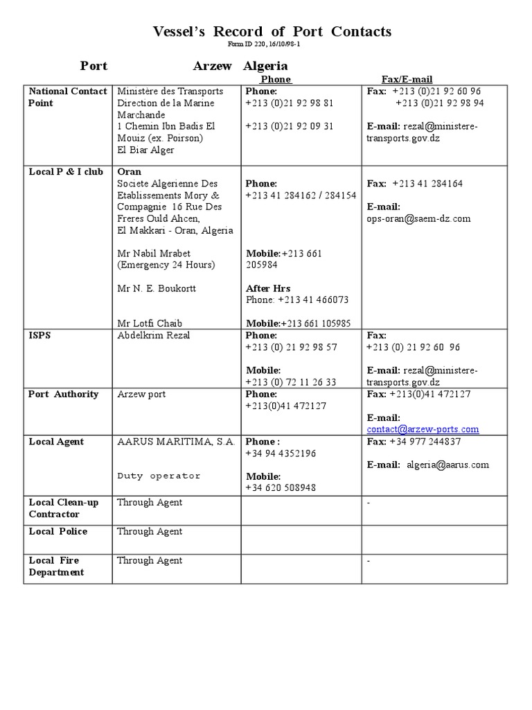 Vessel's Record of Port Contacts | PDF