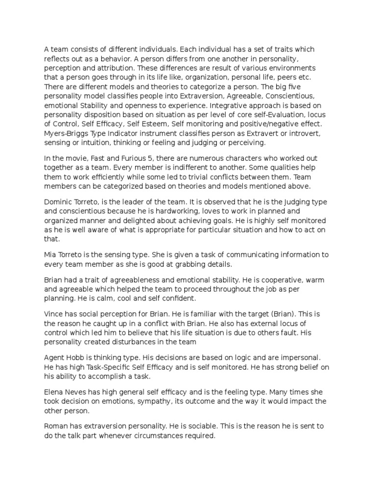 Fast & Furious 5: Team Personality Analysis | PDF | Extraversion And ...