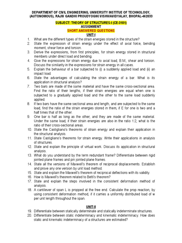 Short Answer Questions For Theory of Structures-I (Structural Analysis ...