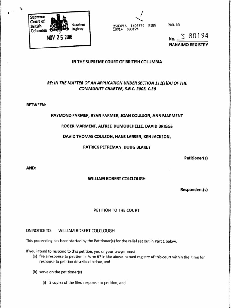 BC Supreme Court Petition Bob Colclough | PDF