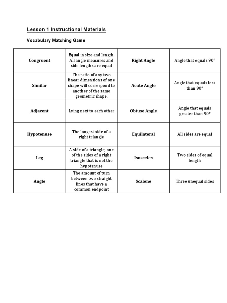 Lesson 1 Instructional Materials: Vocabulary Matching Game | PDF ...