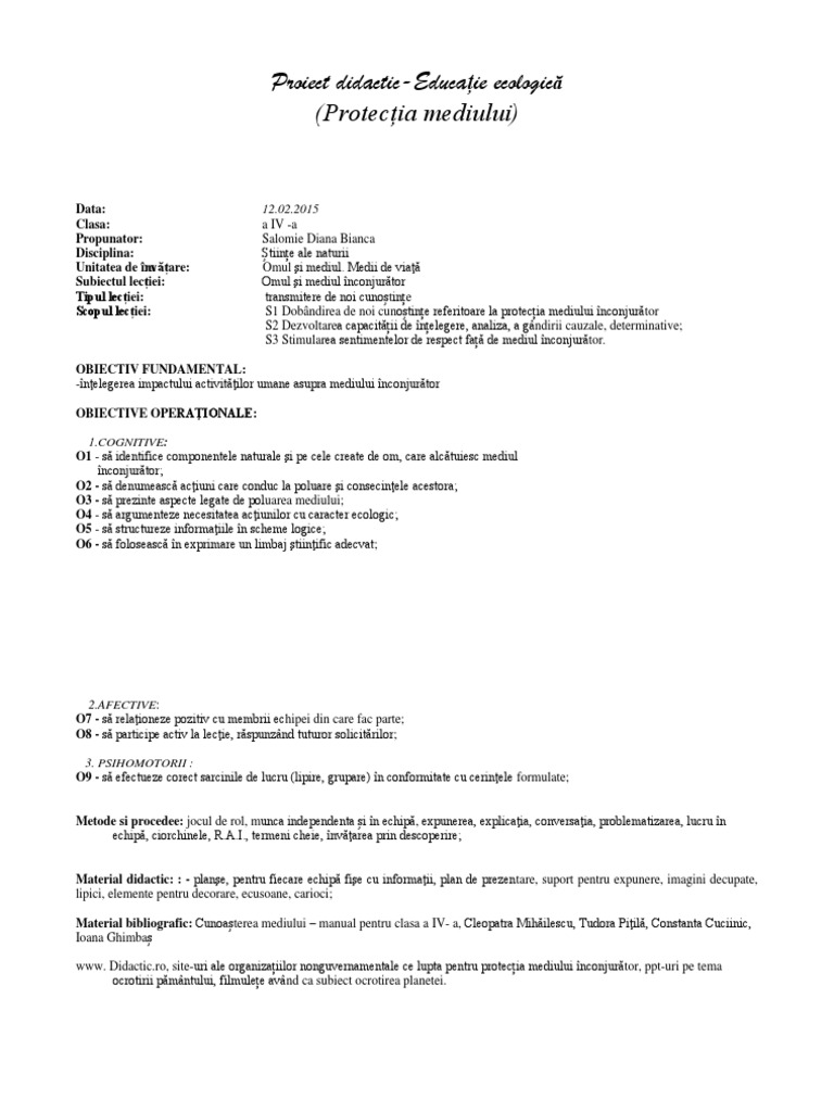 Proiect-didactic-Educație-ecologică - Omul Si Mediul Inconjurator PDF | PDF