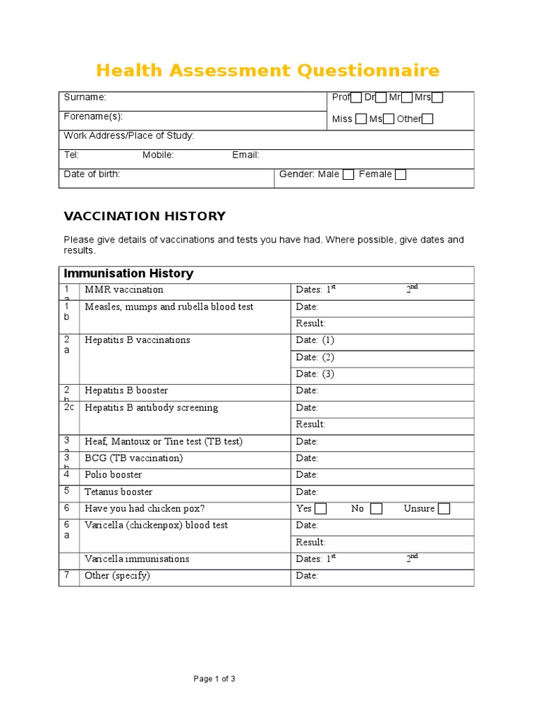 Health Assessment Questionnaire | PDF | Vaccines | National Health Service