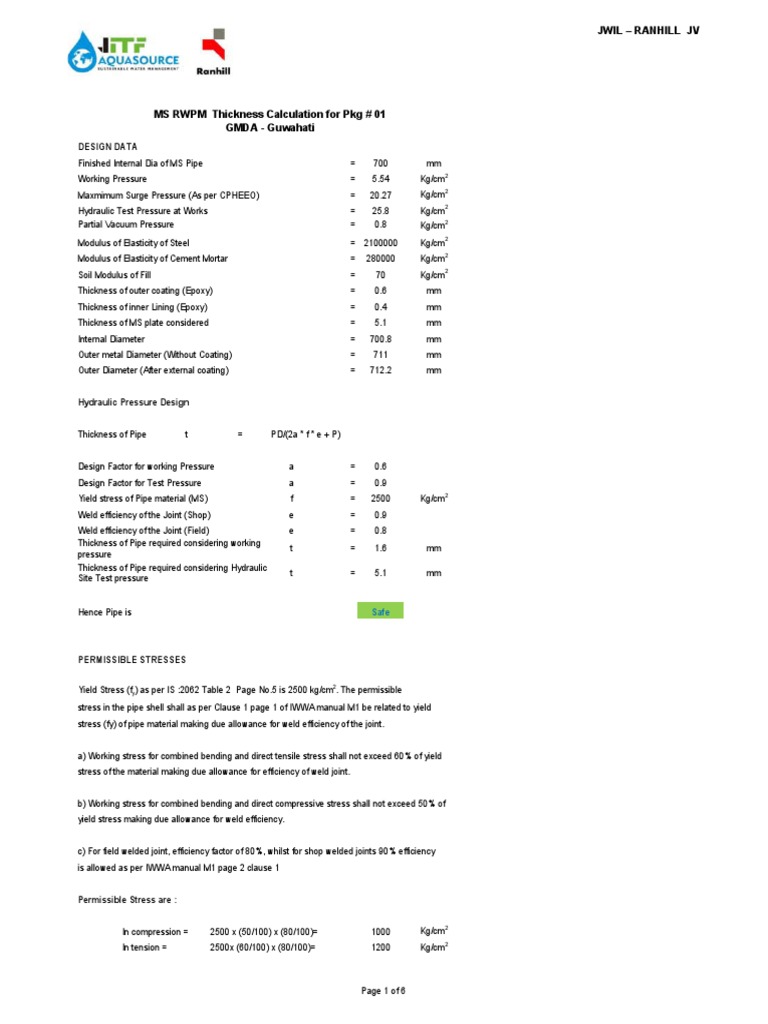 Calculation of Minimum Required Wall Thickness and Stress Analysis for a 700mm Diameter MS Pipe ...