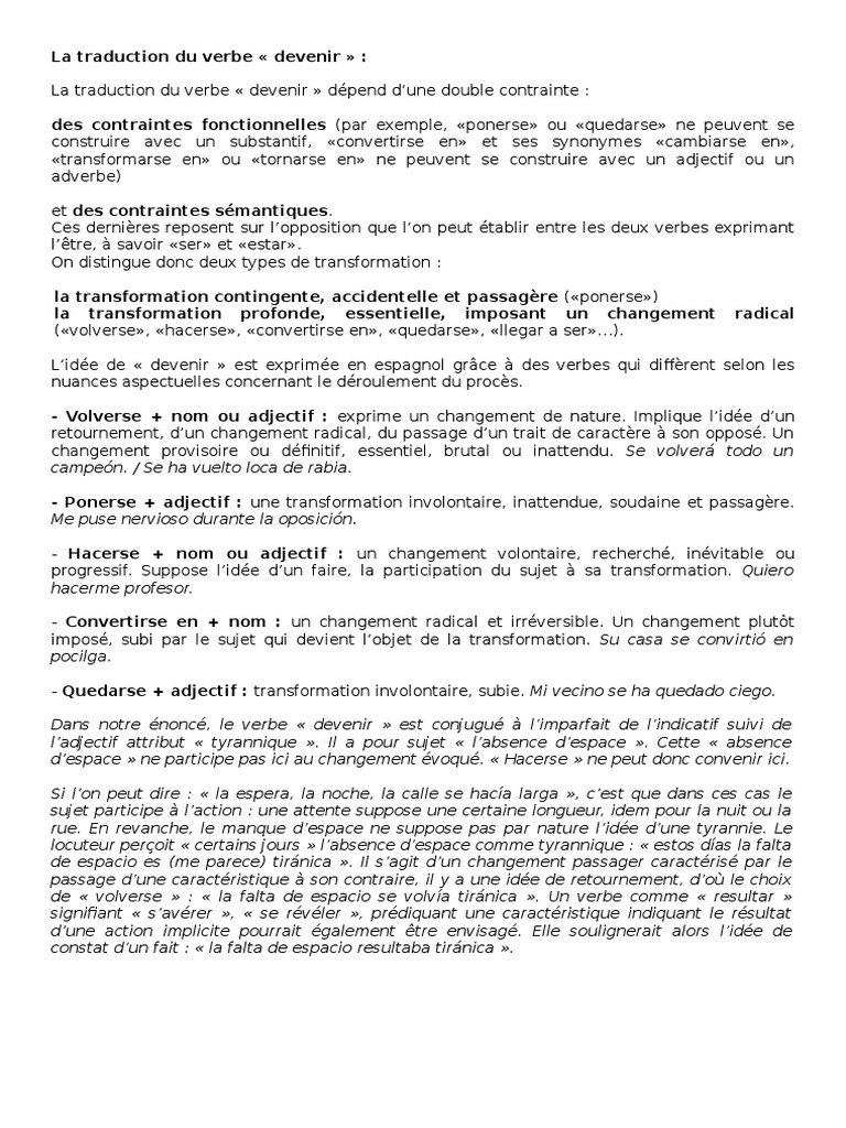 La Traduction Du Verbe Devenir | PDF | Nom (grammaire) | Verbe