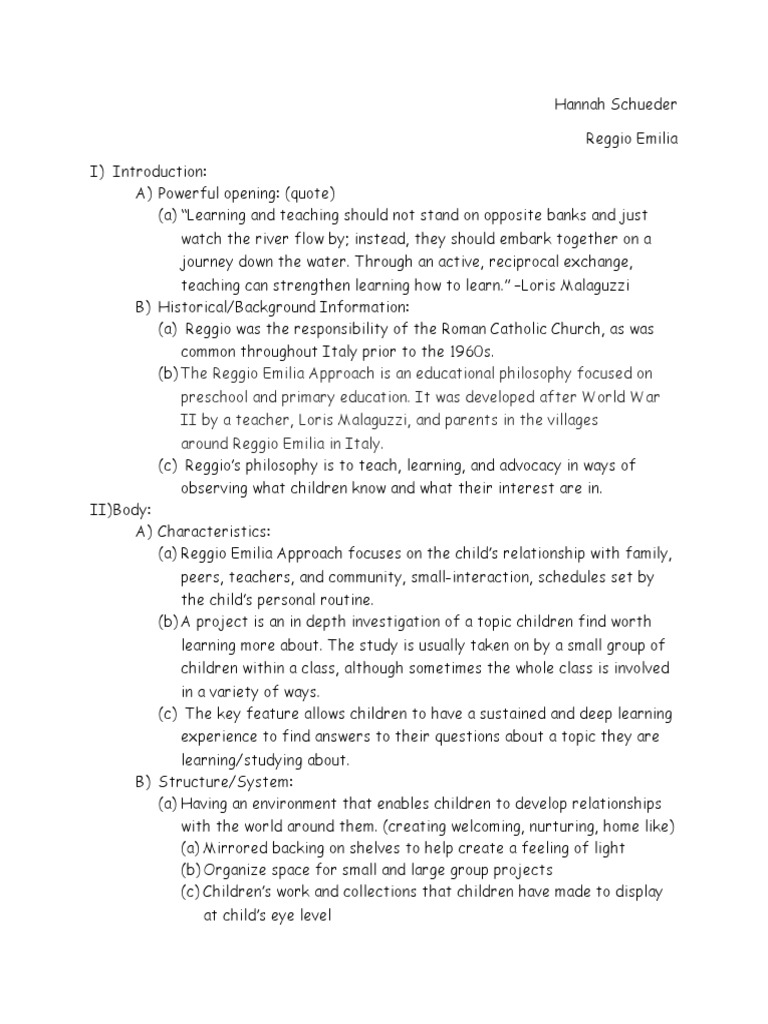 Reggio Emilia Project Long Outline | PDF | Cognition | Learning