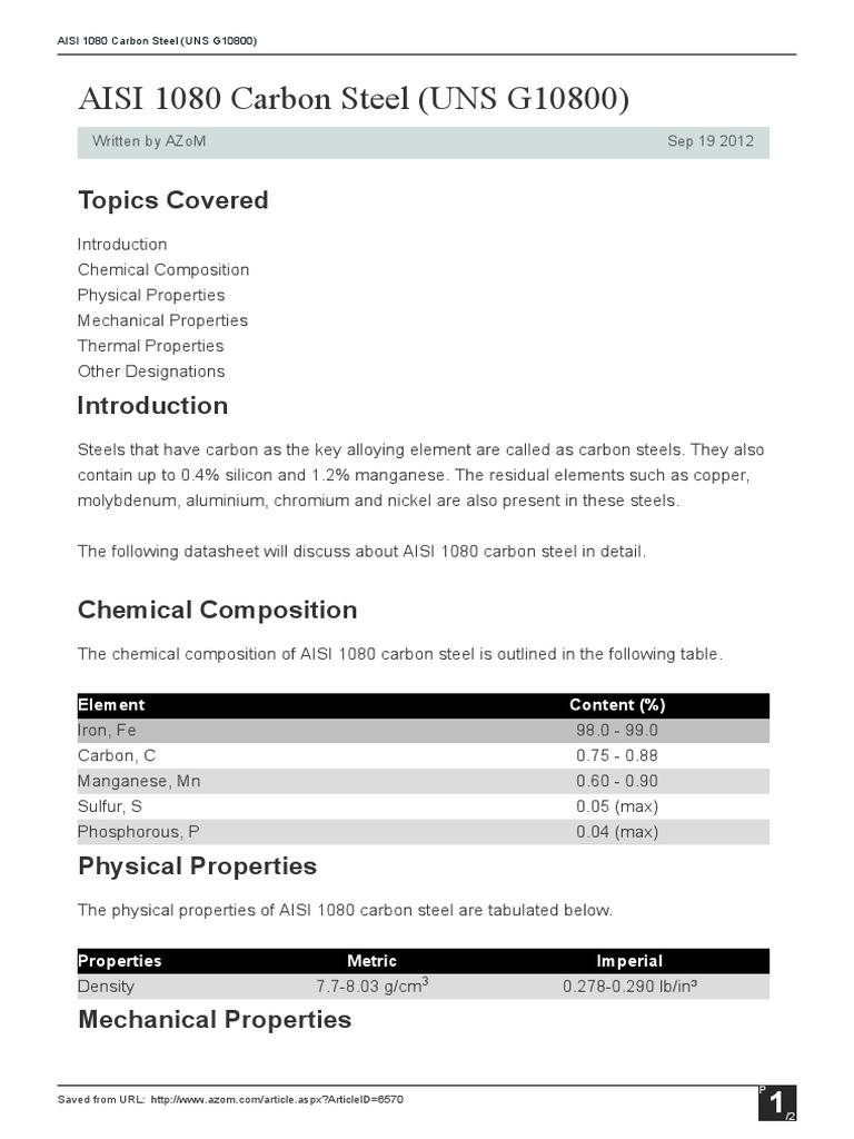 Aisi 1080 Carbon Steel (Uns g10800) | PDF | Sets Of Chemical Elements ...