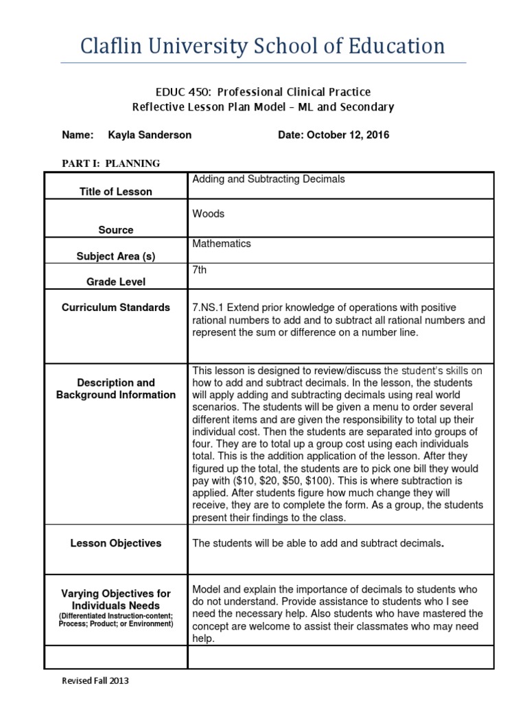 Reflective Lesson Plan 2 Adding And Subtracting Decimals Lesson Plan 
