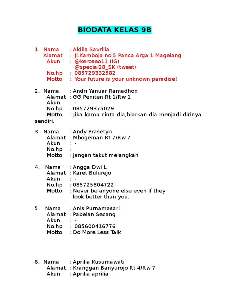 Biodata Kelas 9b | PDF