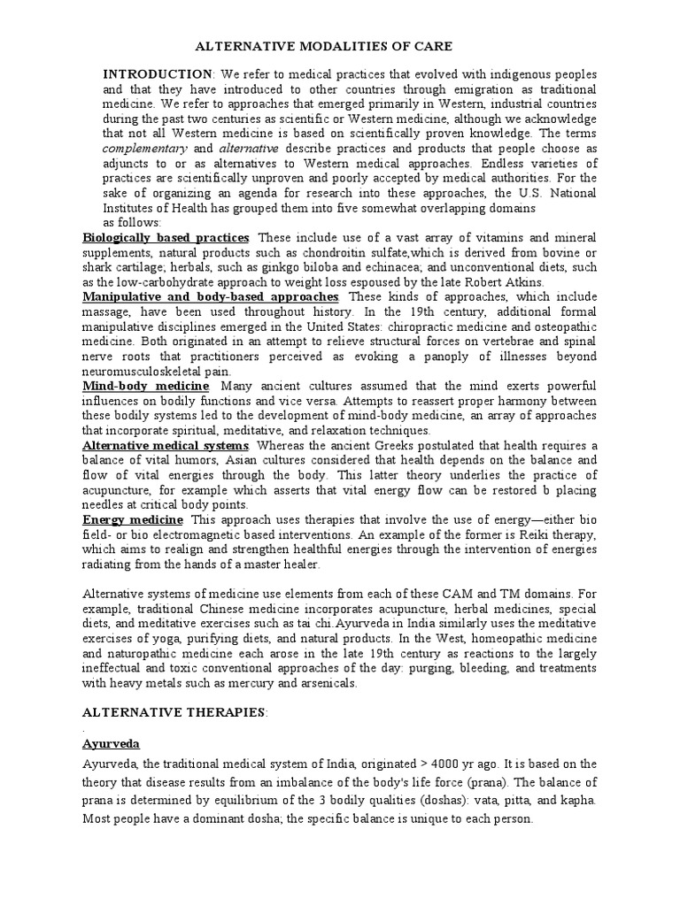 Overview of Alternative Care Modalities | PDF | Homeopathy | Ayurveda