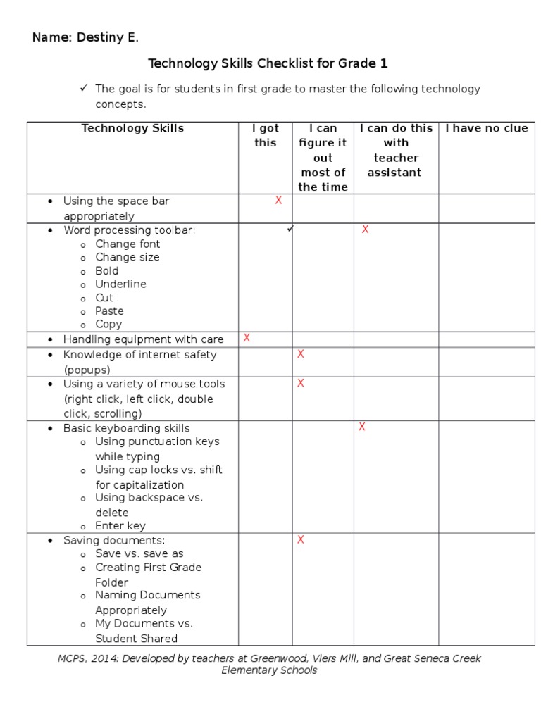 Grade 1 Technology Skills Checklist | PDF