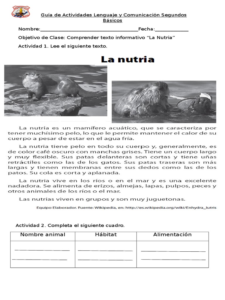 Ficha de Aprendizaje La Nutria. | PDF