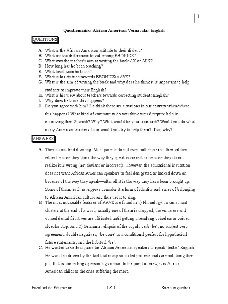 AAVE Questionnaire | PDF | Dialect | English Language