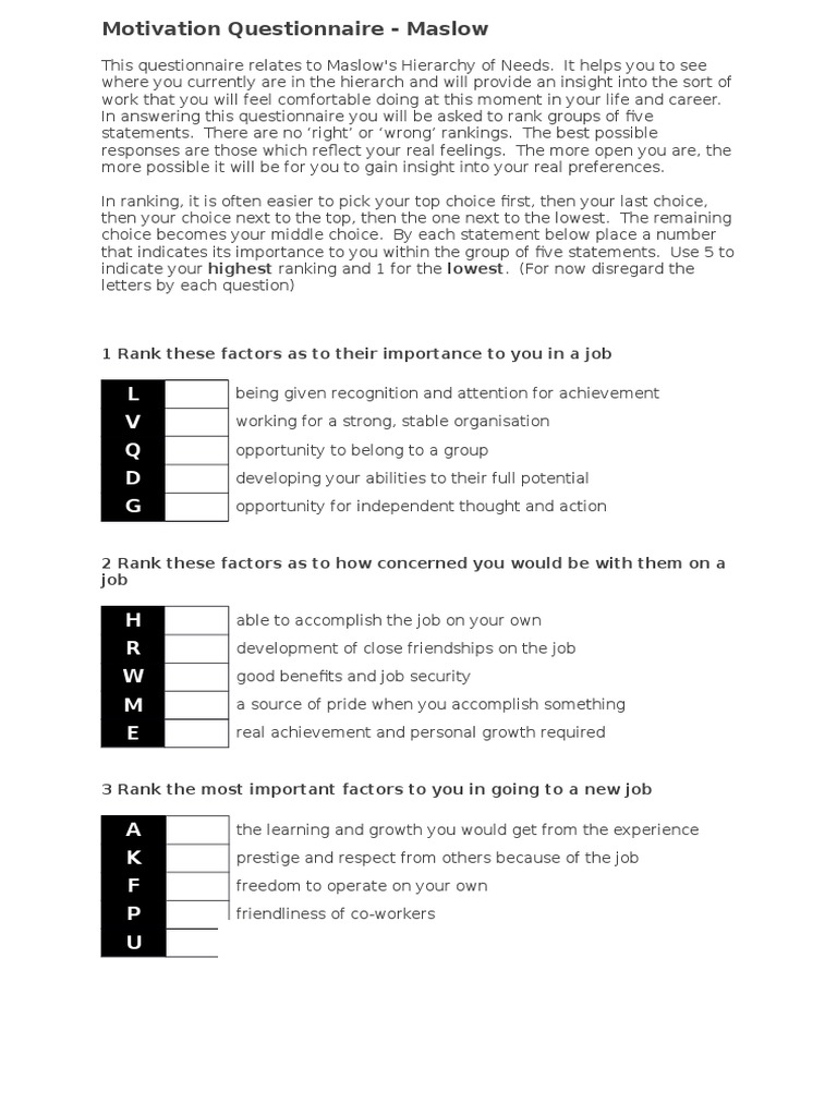 LA Motivation Questionnaire Maslow | PDF | Motivation | Motivational